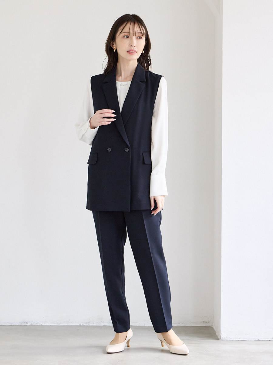 【WEB限定】ダブルボタンジレ・胸元タックブラウス・テーパードパンツ 3点セットフォーマルセットアップ(M ベージュ): AIMER | エメ ...