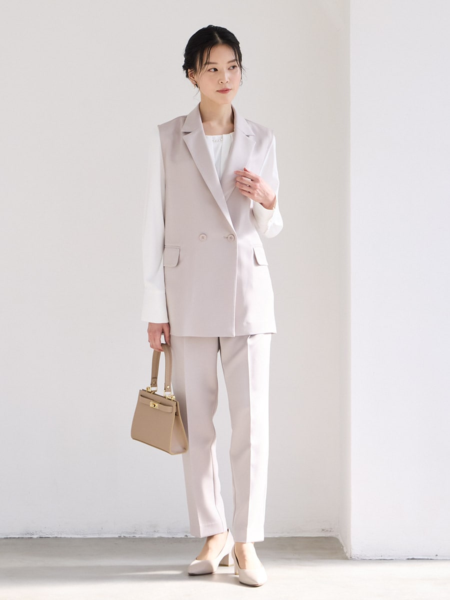 【WEB限定】ダブルボタンジレ・胸元タックブラウス・テーパードパンツ 3点セットフォーマルセットアップ(M ベージュ): AIMER | エメ ...